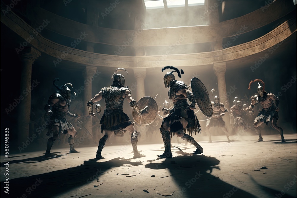 Roman gladiators in a small fighting pit. Dusty amphitheater with ...