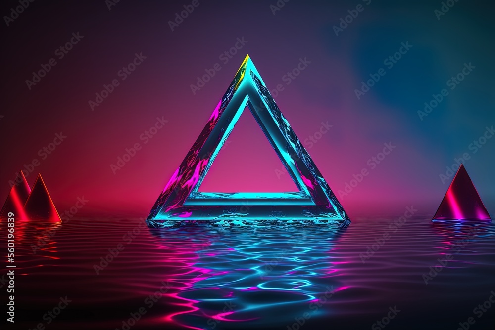 reflections of the triangular shape in the water's surface, lit with ...