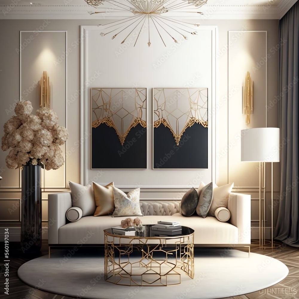 A modern living room, in a minimalist millenium crib, high ceiling and ...