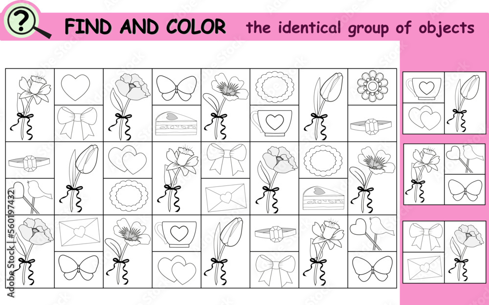 Find and color the identical group of objects. Coloring book page with ...