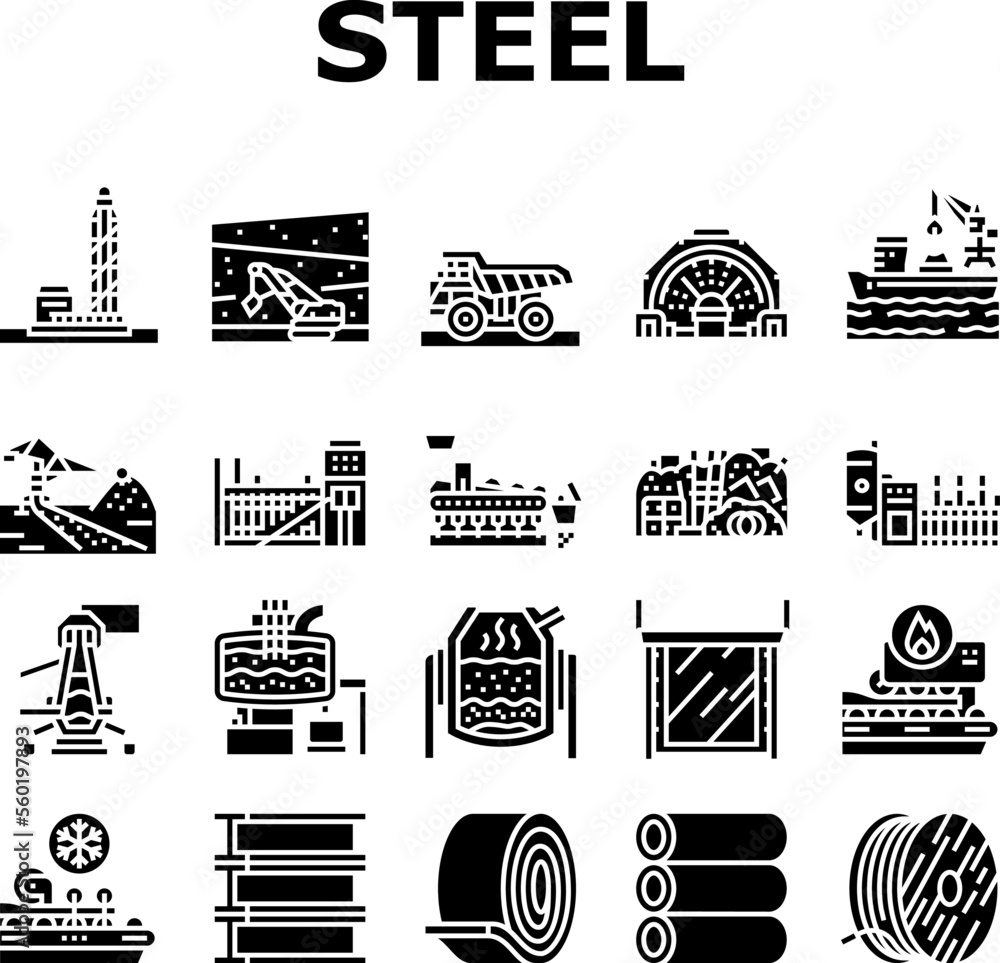 steel production industry metal icons set vector. factory iron ...