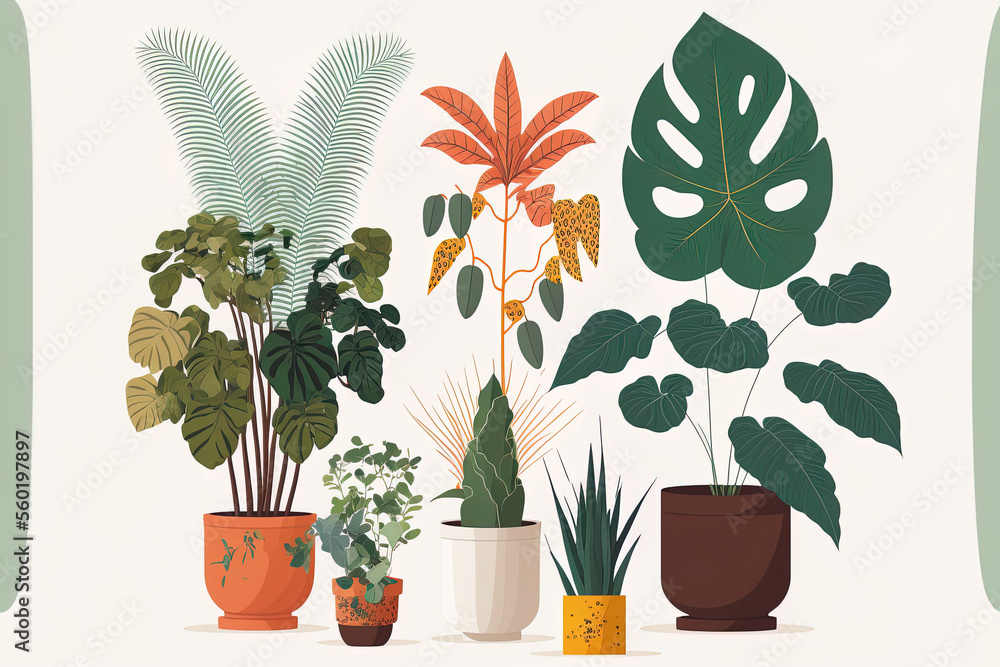 modern potted plants for the house. A white backdrop is used to ...