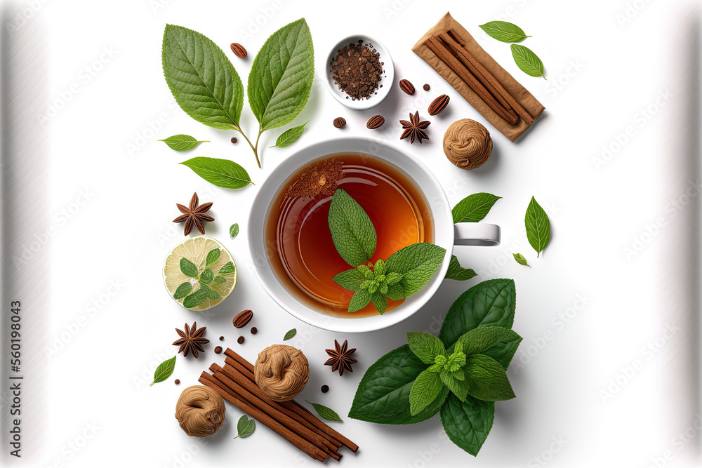 Frontal view a white background with images of cinnamon, mint, and ...