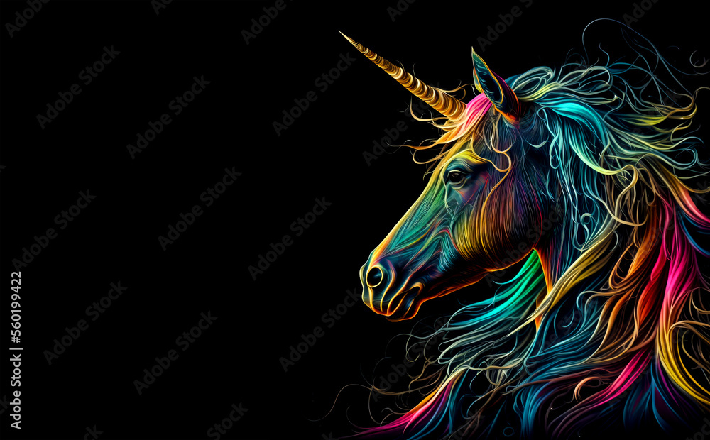 Unicorn head made from rainbows on black background with copy space ...