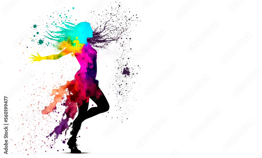 Female silhouette dance in abstract multicolor paint splash on white ...