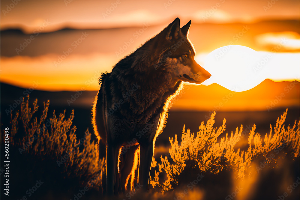 Silhouette of wolf or canis lupus at sunset. Wild wolf on a sunset ...