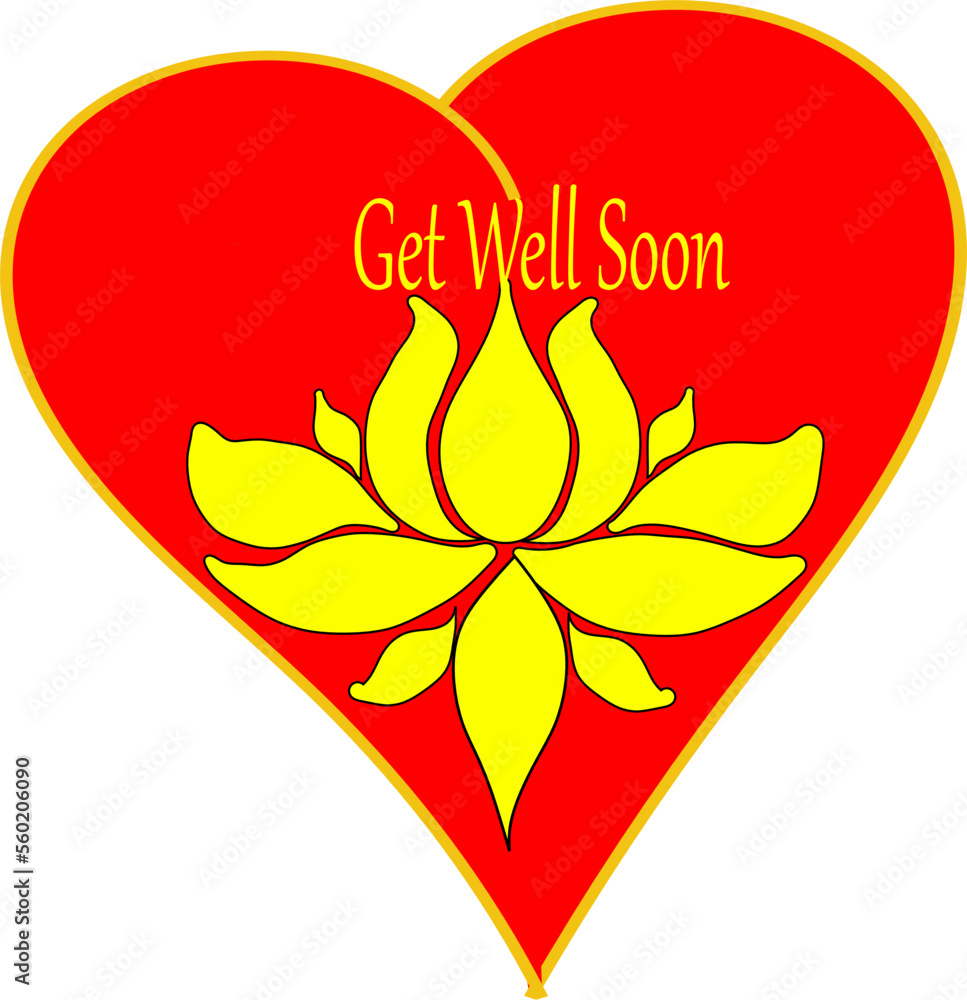 Get well soon text in a red heart and a drawing of a lotus flower Stock ...