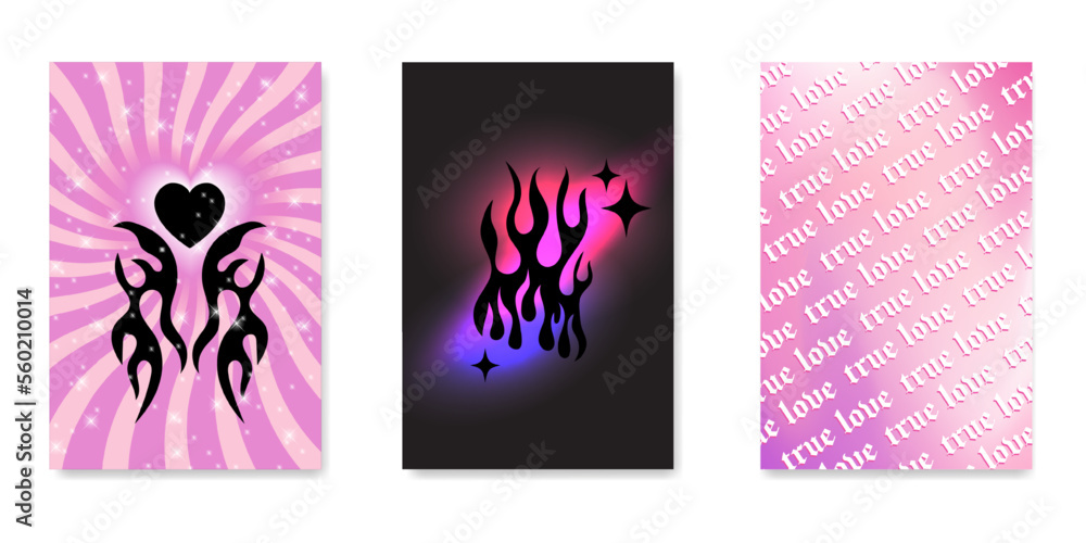 Y2k gothic flame tattoo designs. Retro psychedelic love Valentine day ...