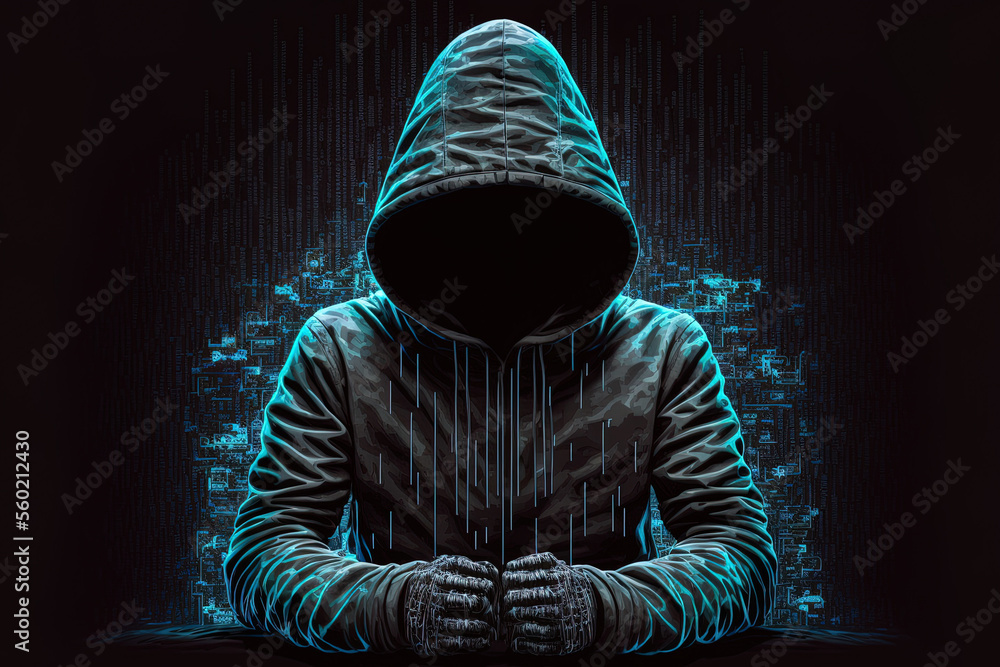 black jumper hacker with out face sit with the computer hand scan ...