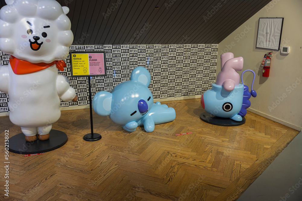 View of BT21 characters statues and warning sign not to touch them in ...