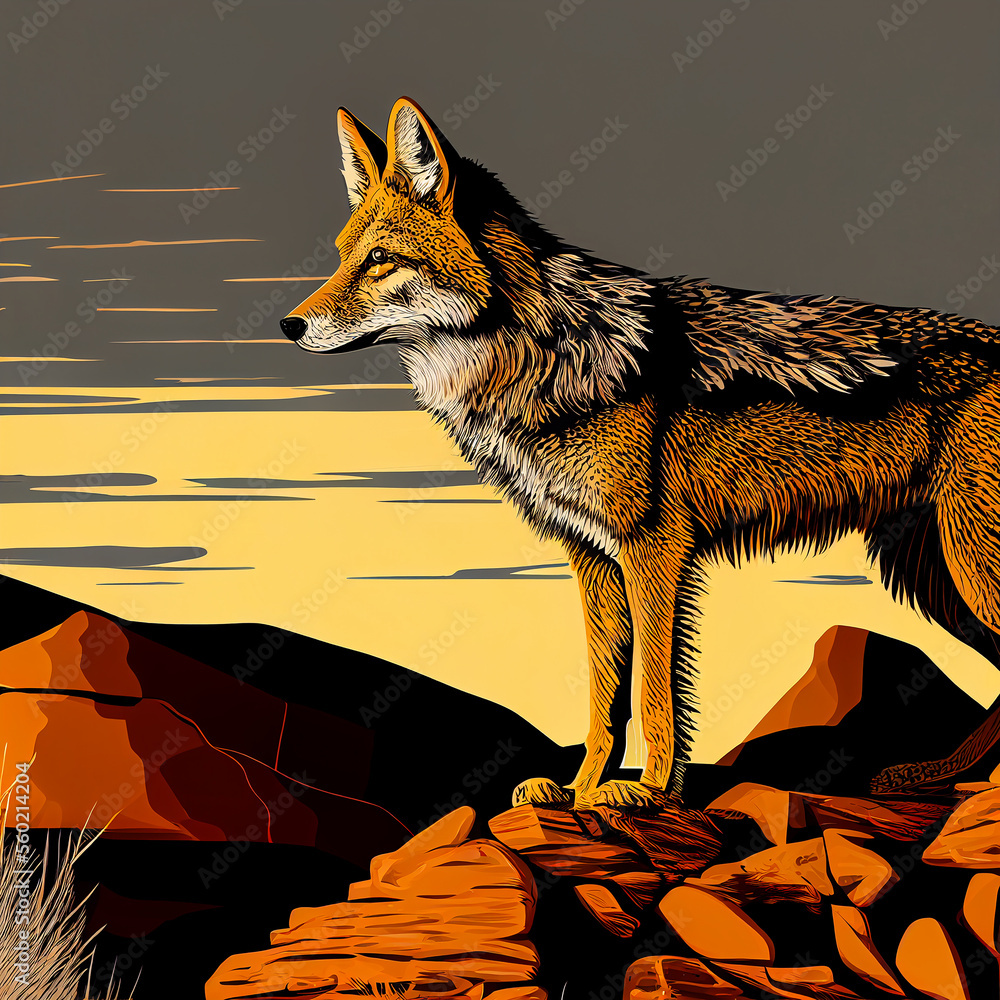 digital art painting of a coyote by hunting in the mountains, created ...