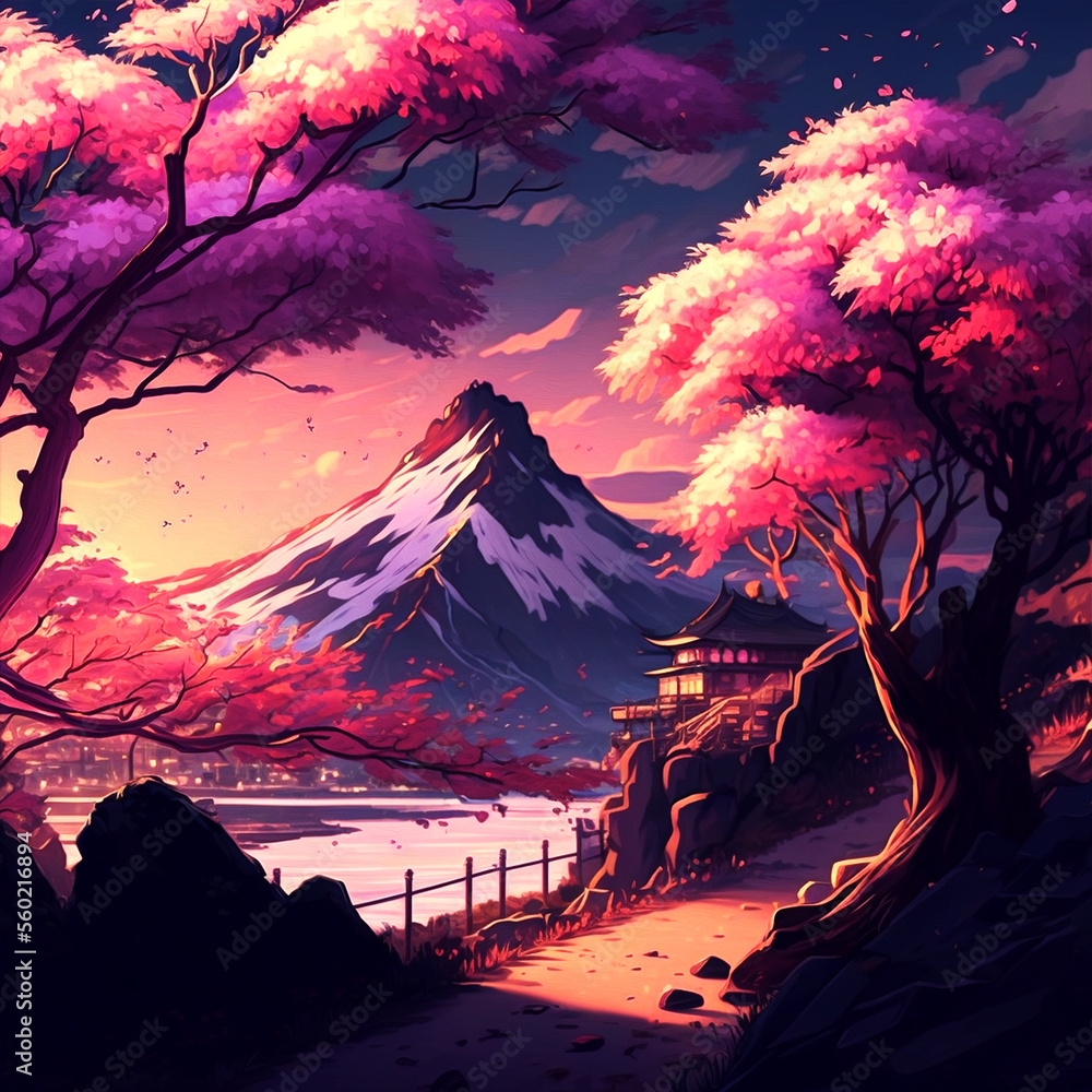 beautiful anime styled scenery with mountains. Japanese style drawing ...