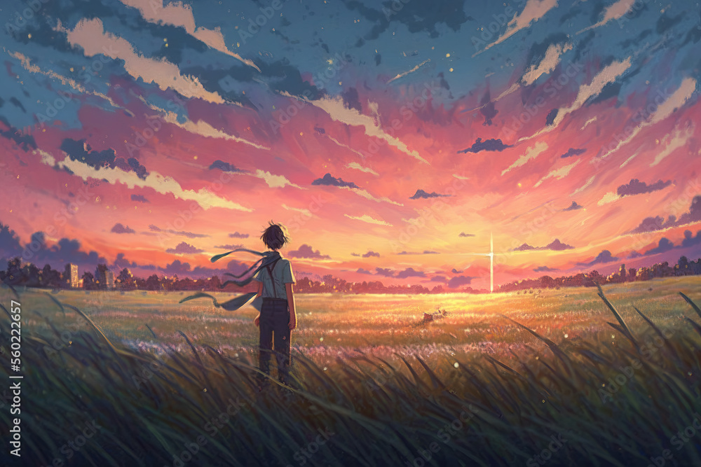 a young anime boy watching the sunset lonely in a big field, generative ...