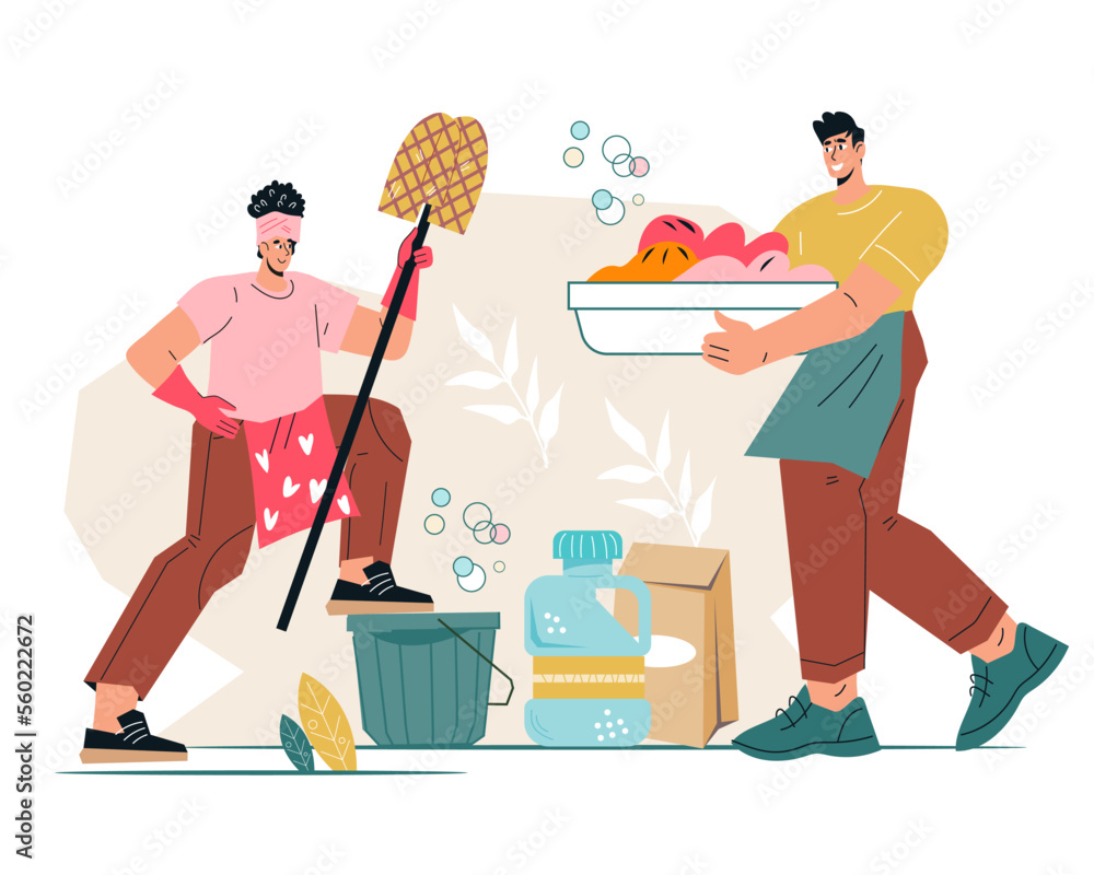 Family couple busy with household chores. Married couple keeping house ...