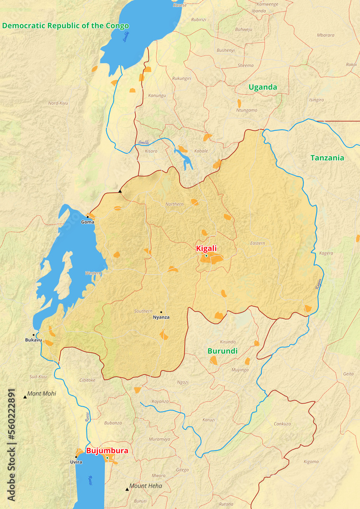Rwanda map with cities streets rivers lakes Stock Illustration | Adobe ...