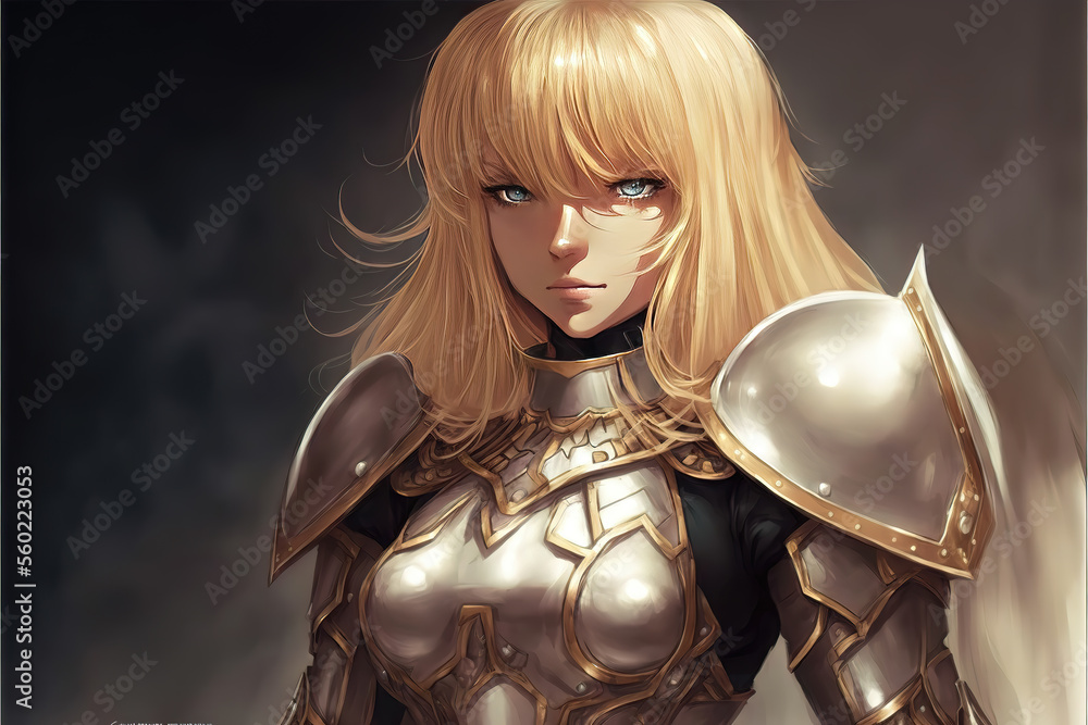 a attractive blonde anime girl in heavy armor, medieval themed ...