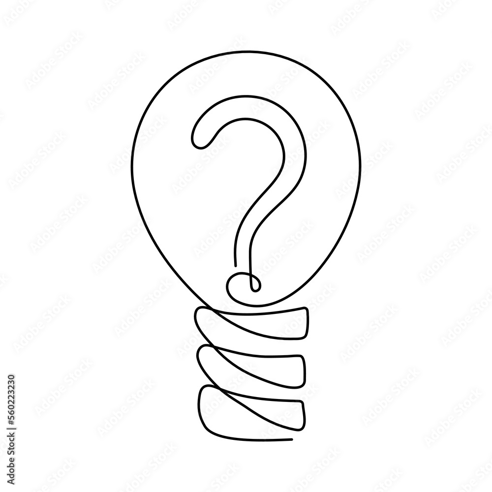 Light bulb with question mark one line art, hand drawn asking sign ...
