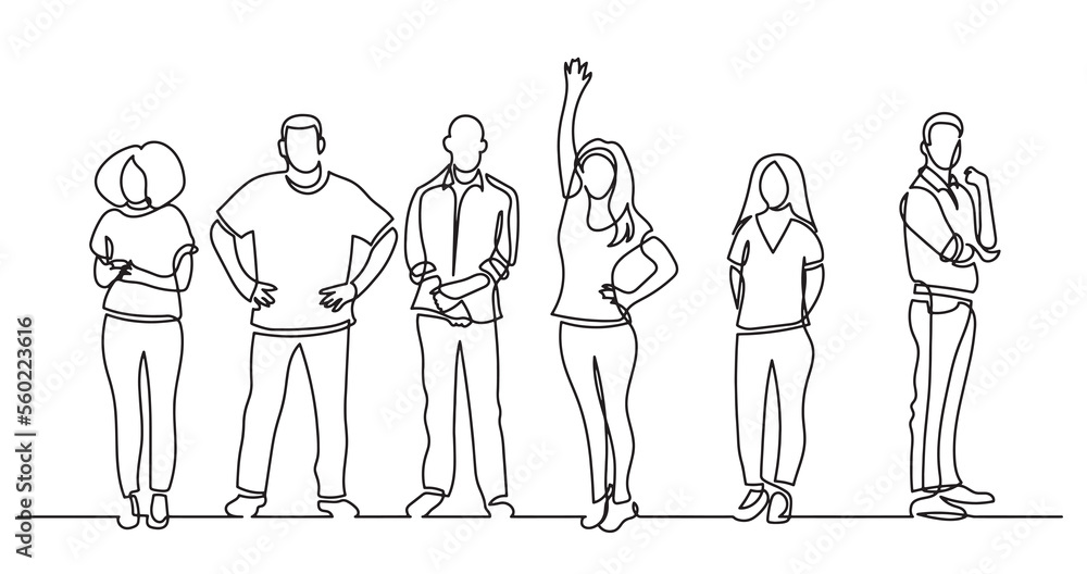 continuous line drawing of diverse group of standing people team ...