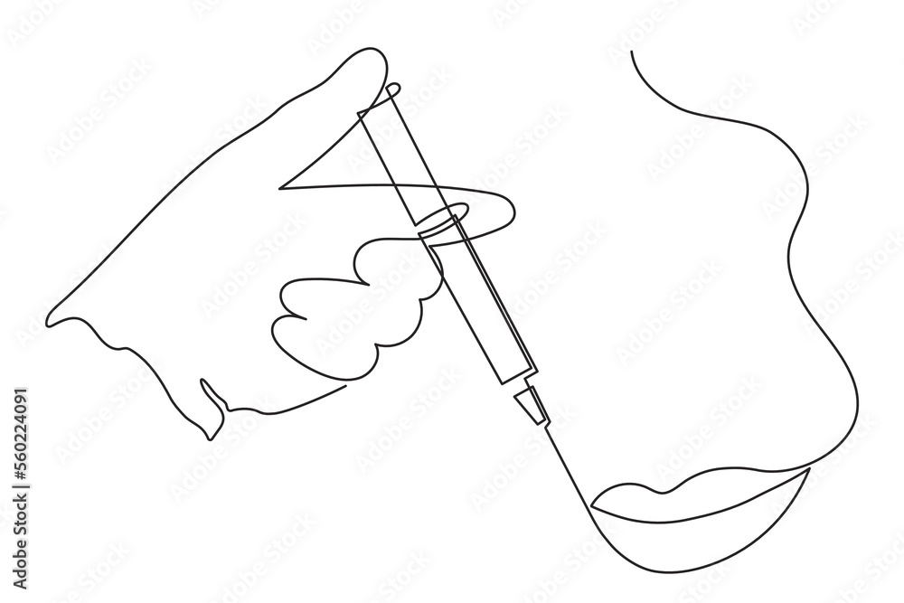 Beauty shot in lips, gloved hands holding syringe,one line art ...