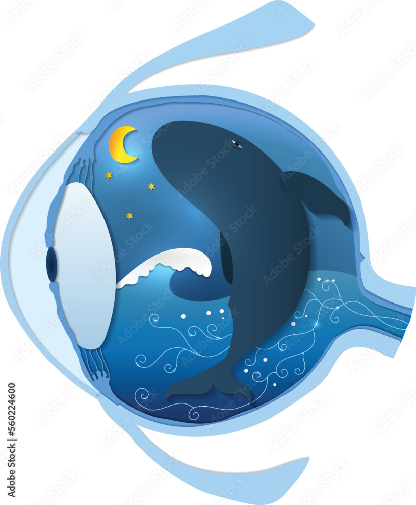 Human eye concept, beautiful night, wave and whale illustrations inside ...