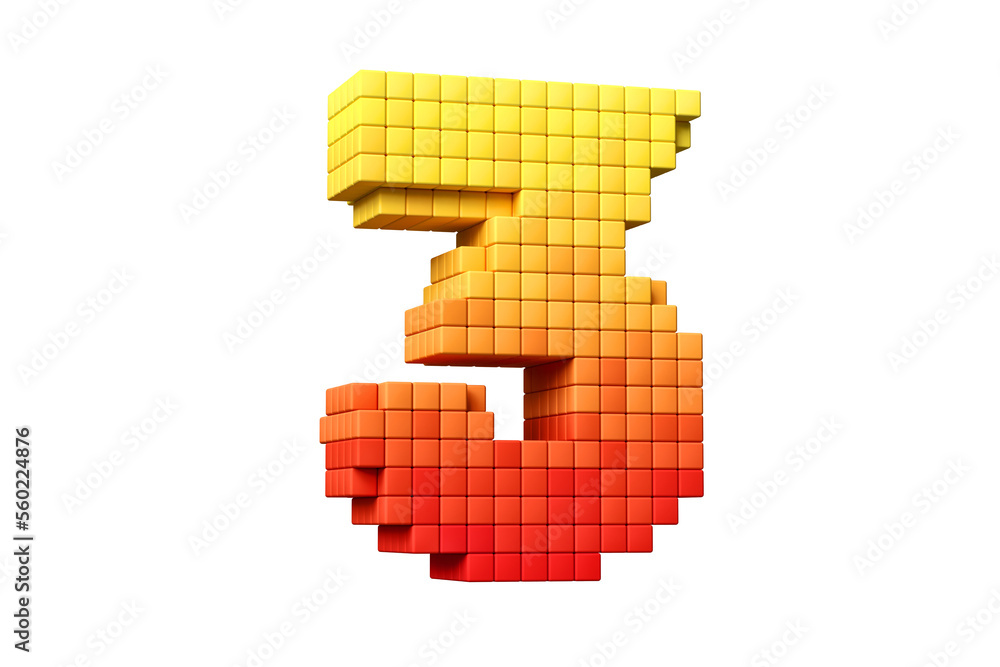 Retro font pixel art style digit number 3 in yellow and orange. High ...