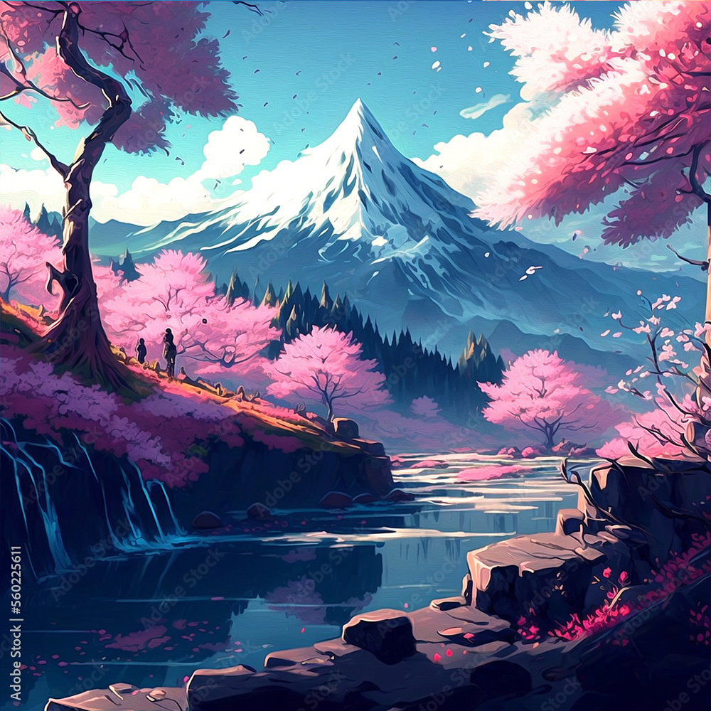 beautiful anime styled scenery with mountains. Japanese style drawing ...
