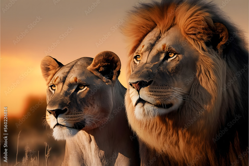potrait of majestic african lion couple, love, beautiful sunset, simple ...