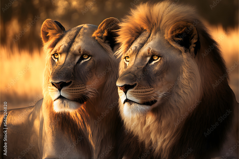 potrait of majestic african lion couple, love, beautiful sunset, simple ...