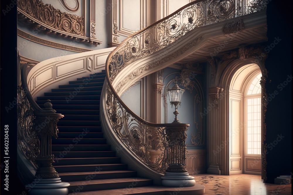 a staircase with a clock on the wall and a chandelier on the wall in a ...