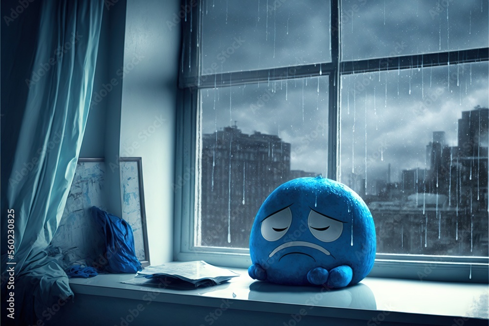 a sad looking blue stuffed animal sitting on a window sill in a room ...