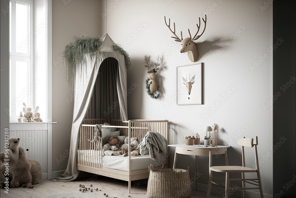 a baby's room with a crib and a stuffed animal on the wall and a teddy ...