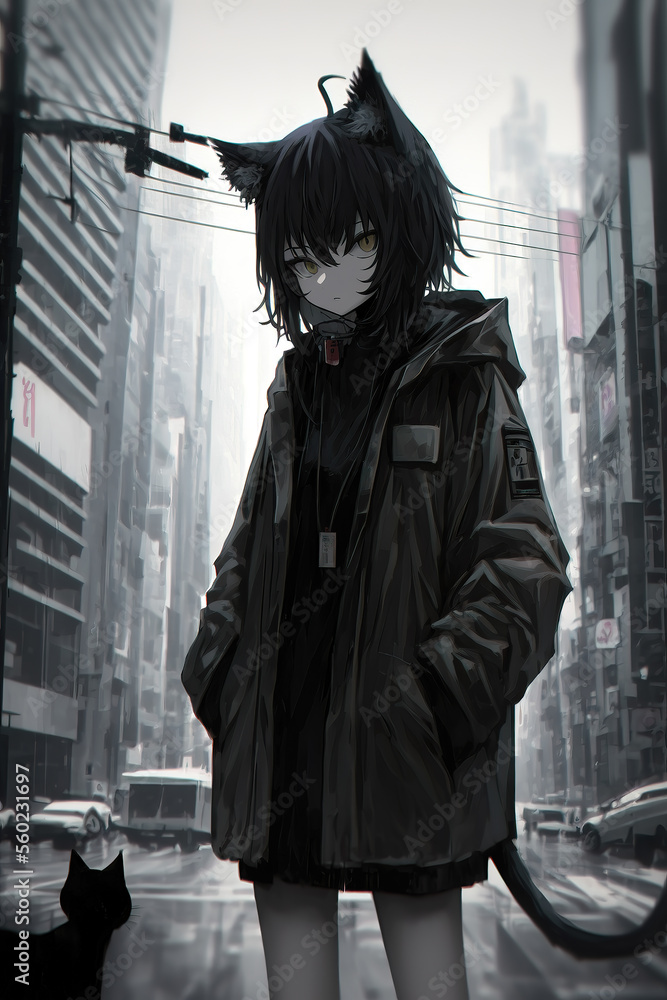 a cute neka as a black cat in anime grey style, modern city in ...
