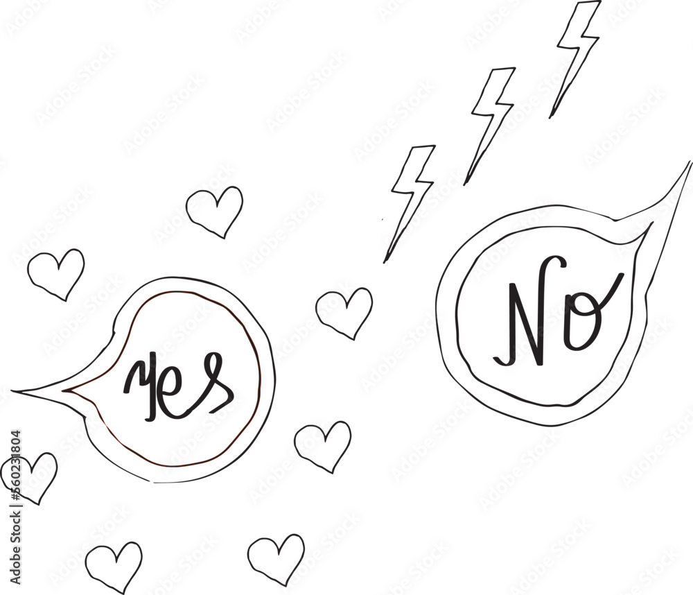 words yes and no and drawn hearts and lightning bolts as a symbol of ...