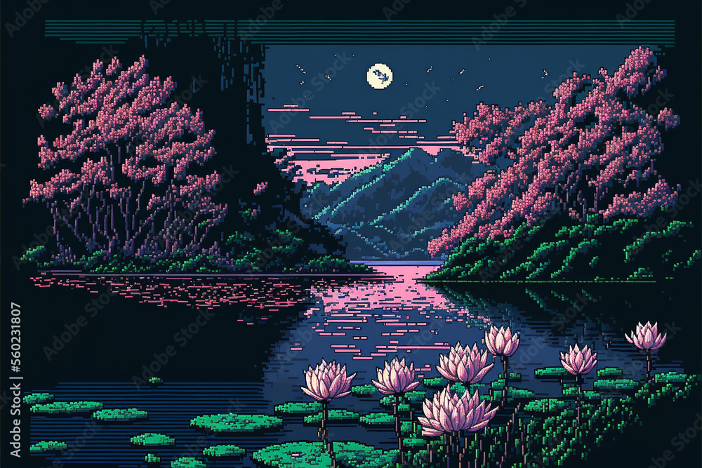 ai generated art of a night view of beautiful lake with its lotus ...