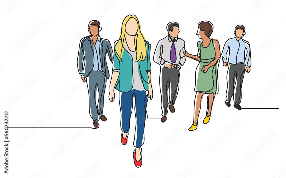 continuous line drawing business team walking together professionals ...