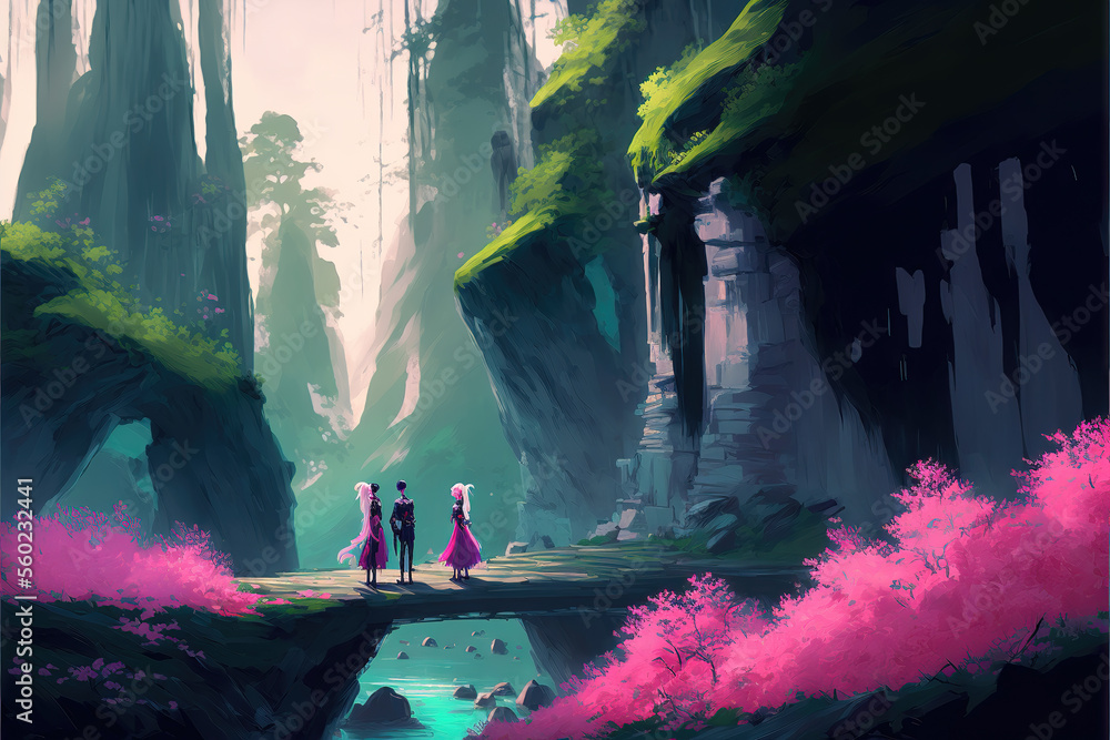 three people standing on a bridge of a fantasy landscape illustration ...