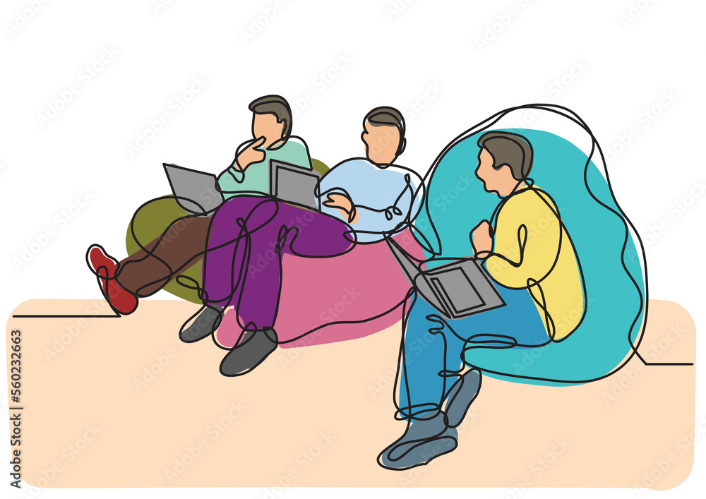 continuous line drawing programmers with laptops on bean bags - PNG ...