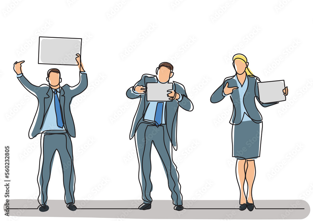 continuous line drawing standing office workers pointing at blank signs ...