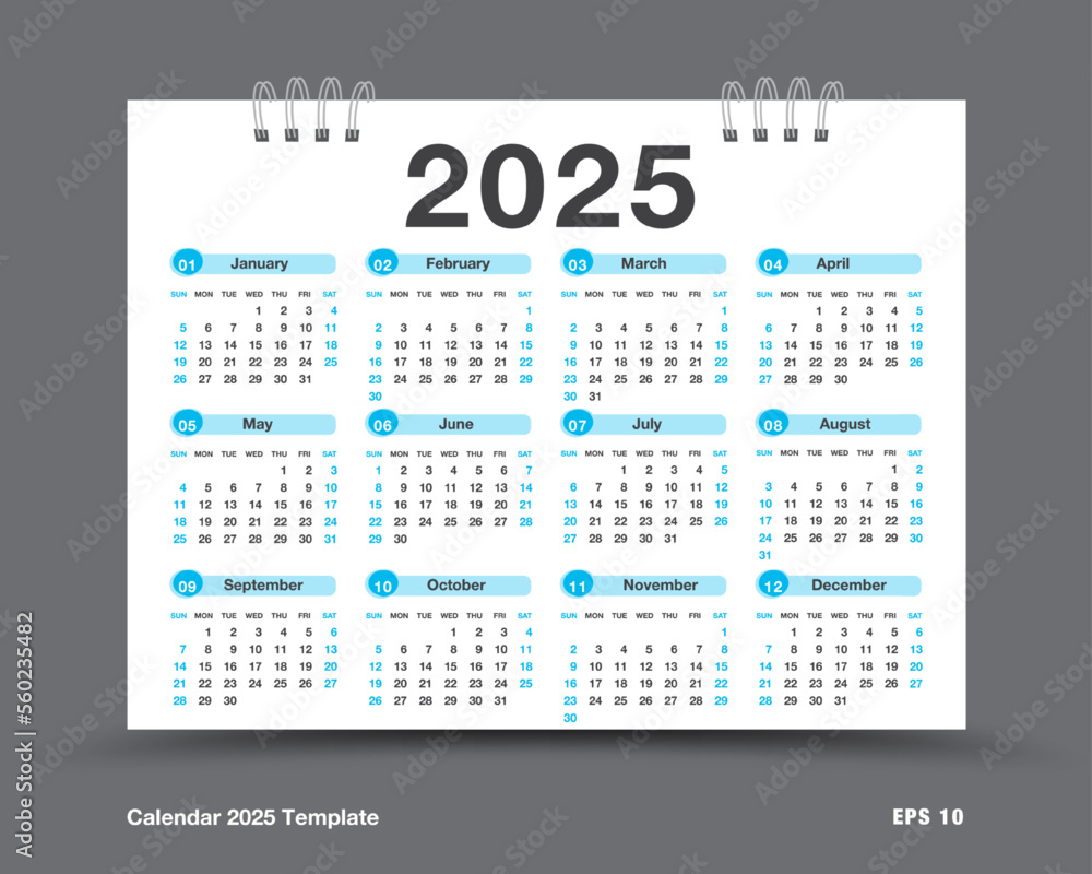 Calendar 2025 year vector illustration, Set of 12 months, week starts ...