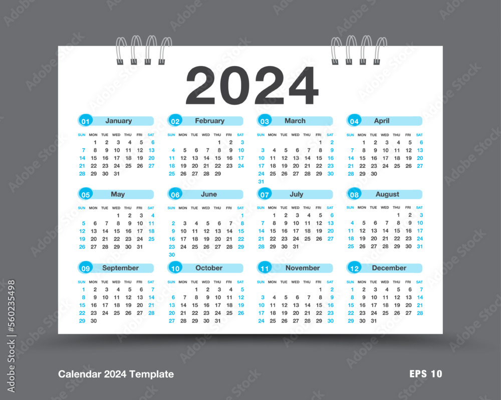 Calendar 2024 year vector illustration, Set of 12 months, week starts ...