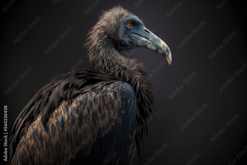 a large bird with a very long beak and a black background is shown in ...
