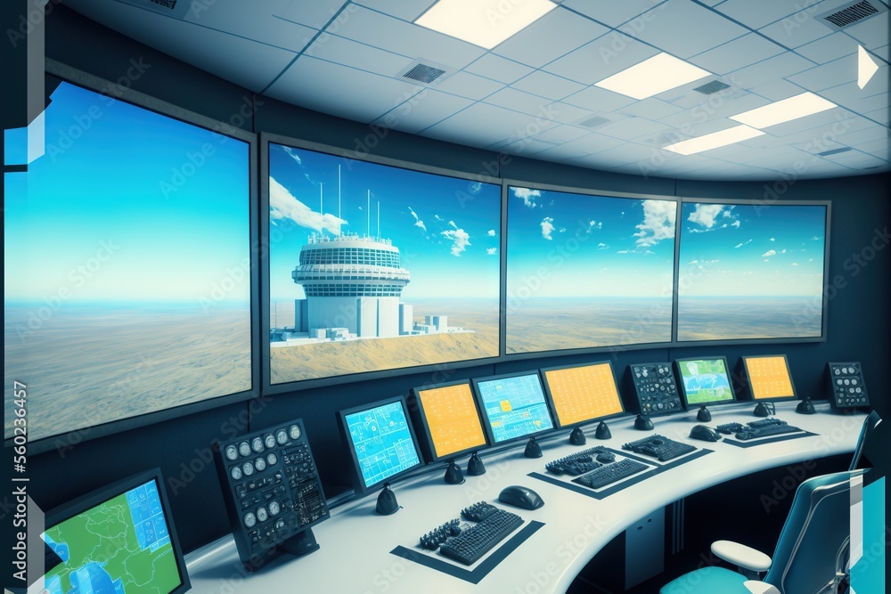 Illustrazione Stock a control room with multiple monitors and a lot of ...