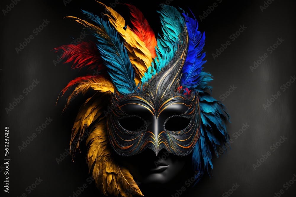 a mask with feathers on it is shown in a dark background with a black ...