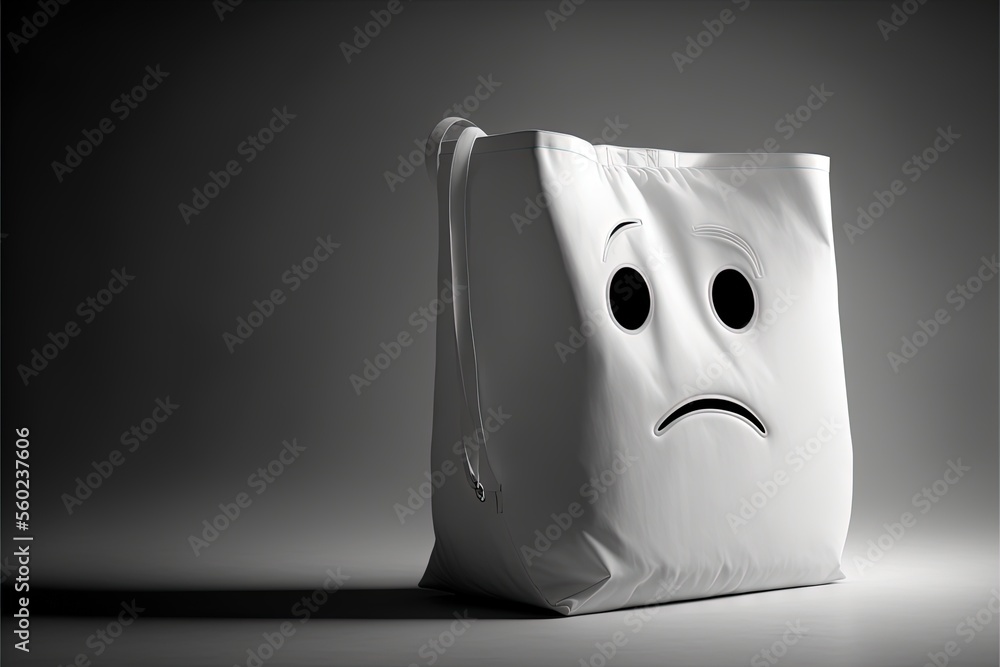 a white bag with a sad face drawn on it's side and a zippered closure ...