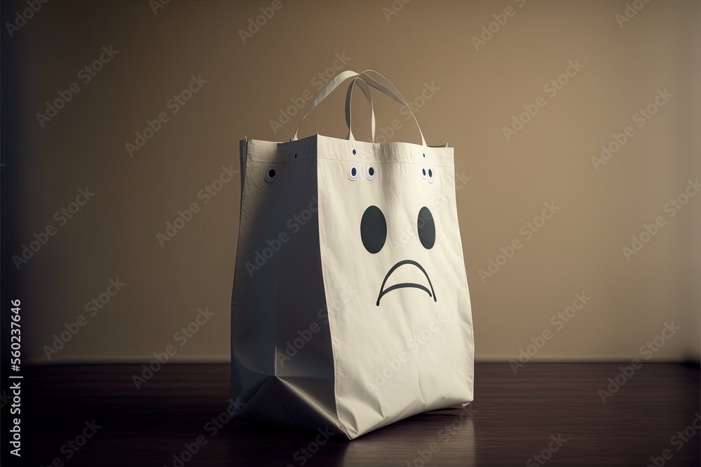a bag with a sad face drawn on it sitting on a table with a brown wall ...