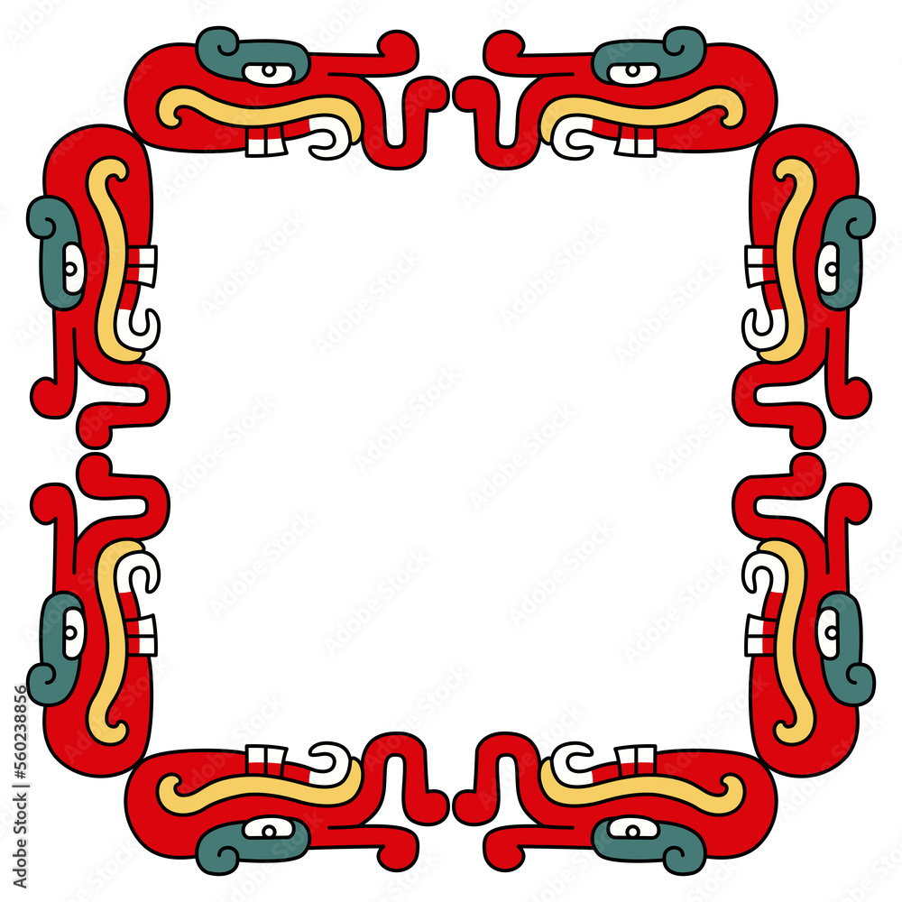 Rectangular frame with heads of fantastic dragon monster with teeth and ...