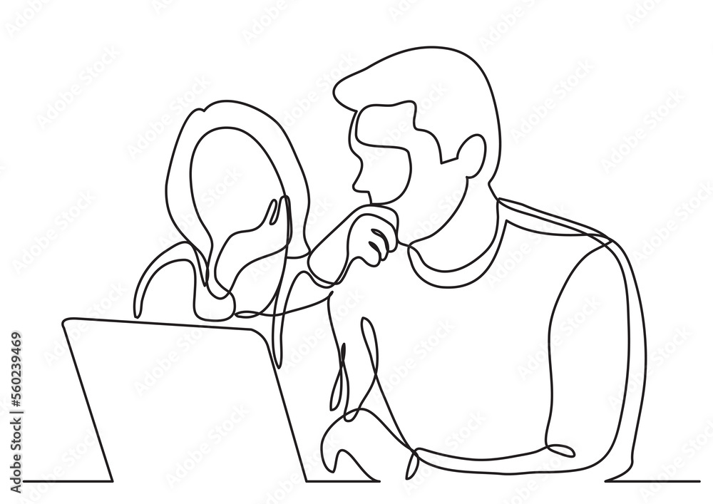 continuous line drawing coworkers watching laptop together - PNG image ...