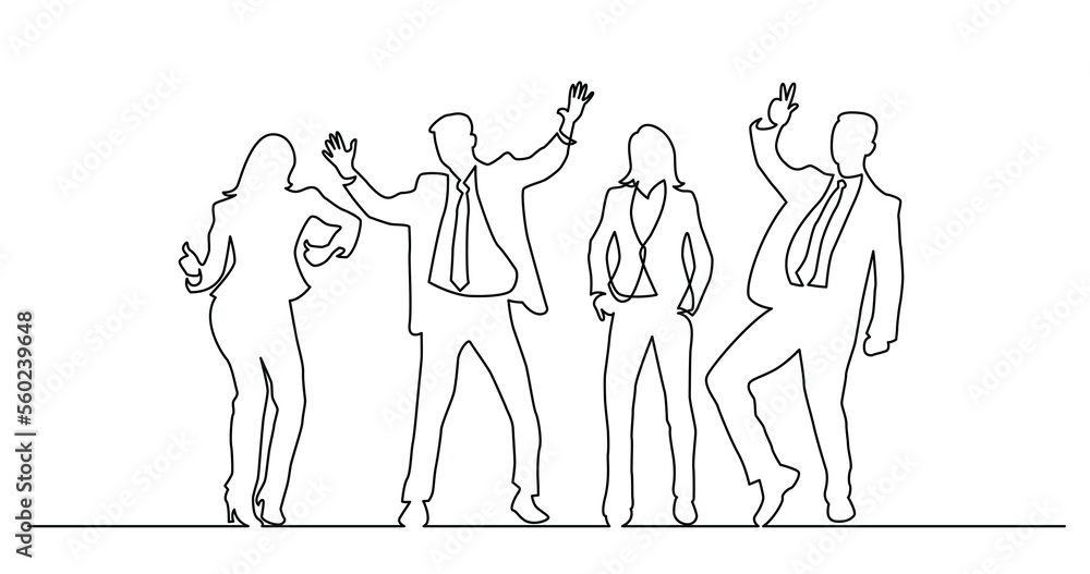 continuous line drawing of happy successful business people cheering ...