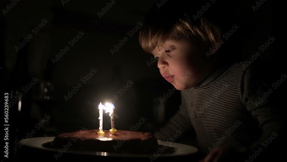 Cute child blowing birthday candles. Toddler boy celebrates anniversary ...