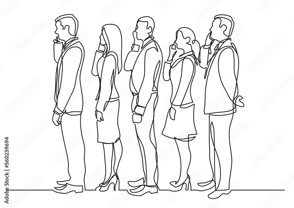 continuous line drawing office workers standing in line making phone ...